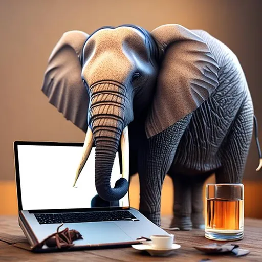 Hyper realistic image of elephant using laptop while...