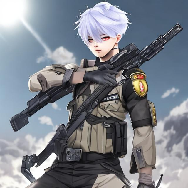 anime jimin soldier with cool white hair and gun