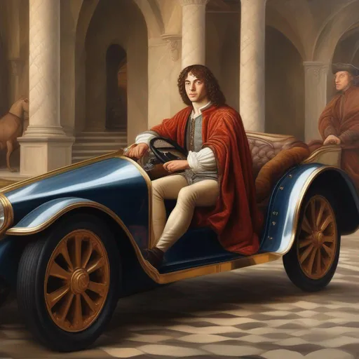 Handsome young and rich medieval man driving a luxur...