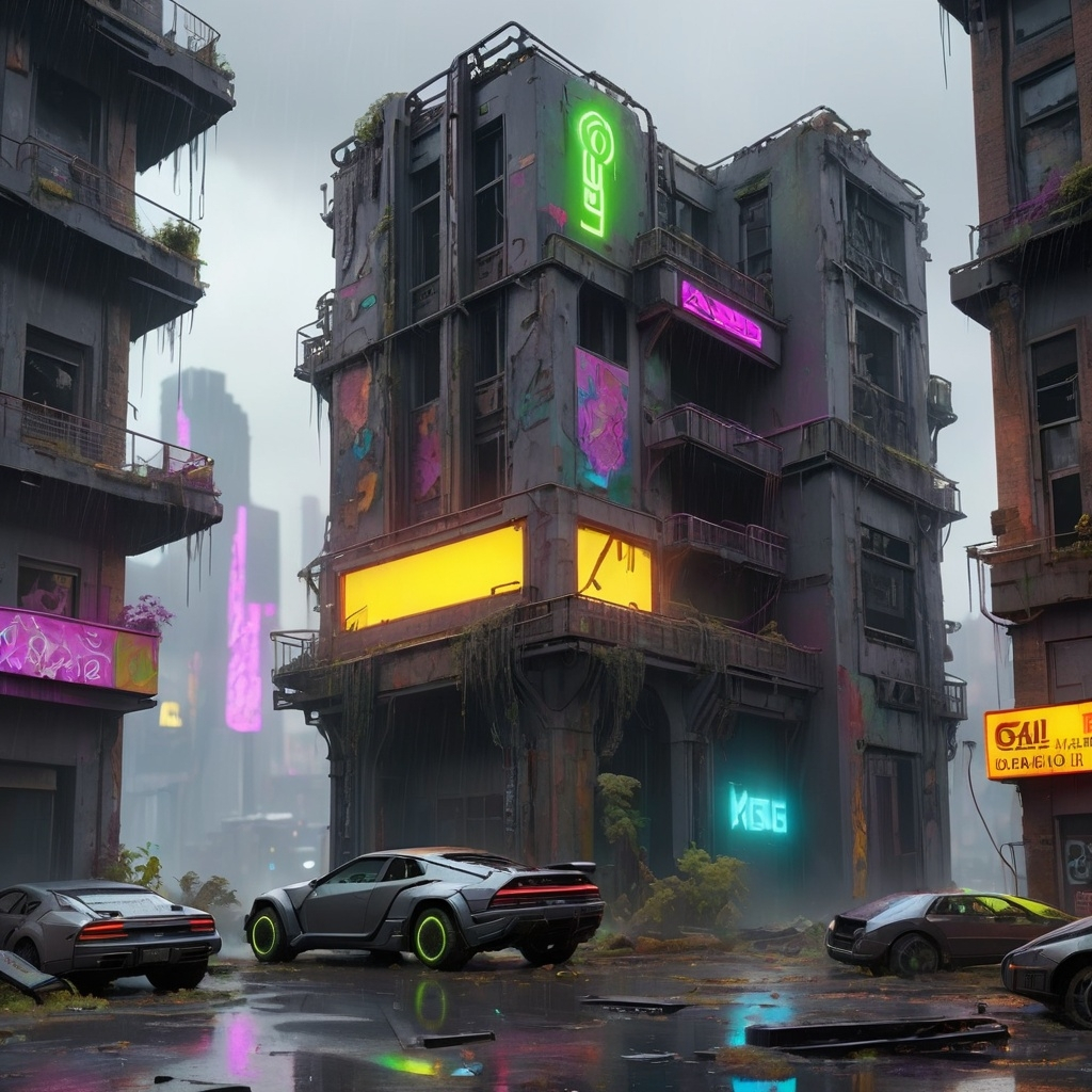 "cyberpunk ruins with holographic debris, raining ac...