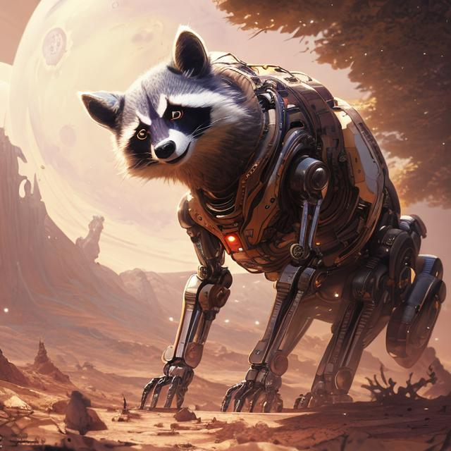 a robotic raccoon on mars,space background smooth so...