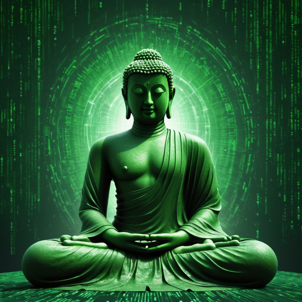 buddha made from green code of The Matrix, swirls of...