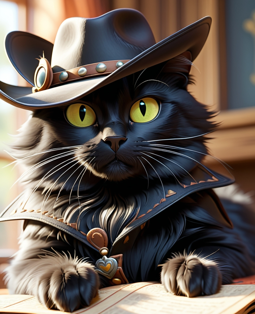 Black cat in a cowboy hat, Pixar, illustration, line...