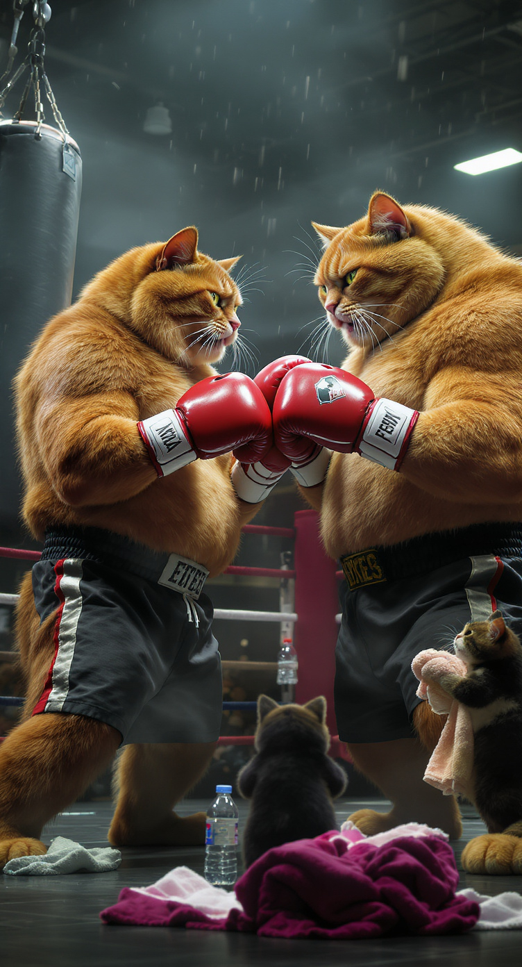 “Epic cinematic image of two giant muscular cats pra...