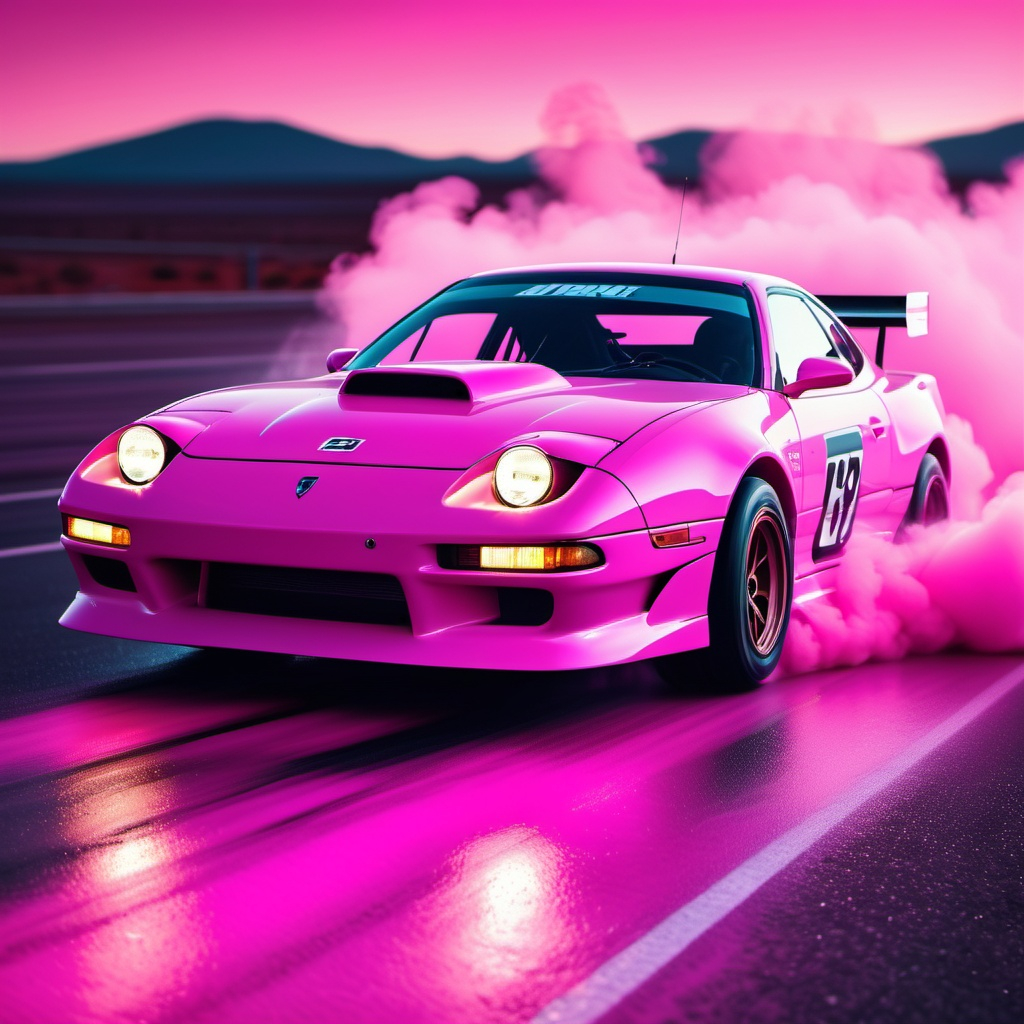 fi race car on a neon road drifting and blowing pink...