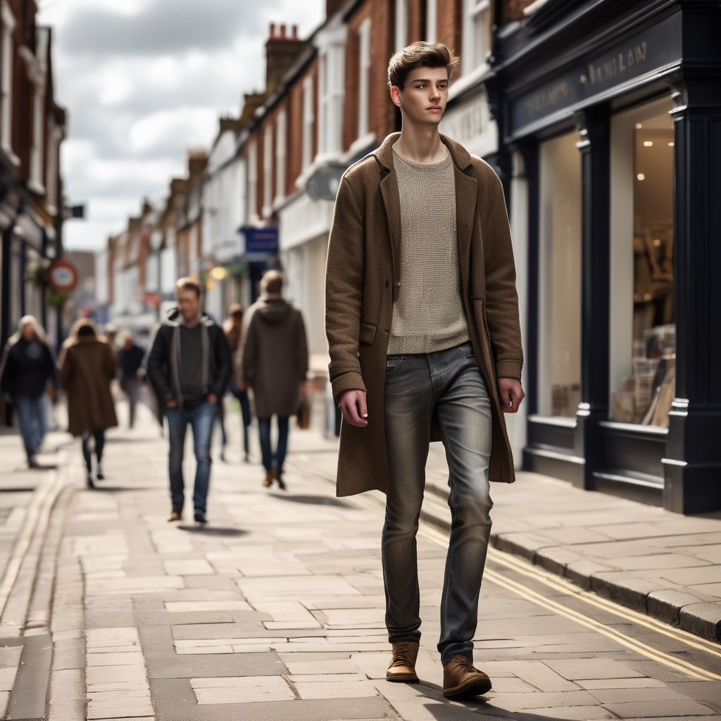 Tall young man walking down the high street, detaile...