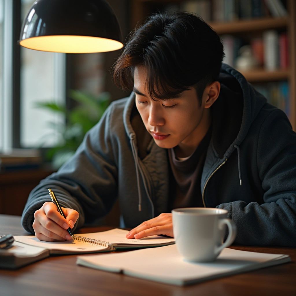 a man sitting at a desk writing on a notebook and ho...