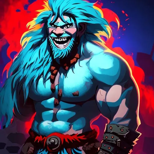 a barbarian with blue hair smiling with a red backgr...