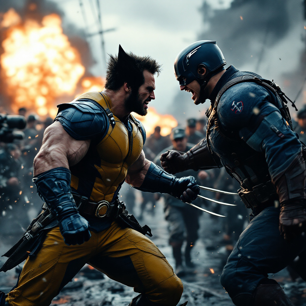 Wolverine and Captain America fighting side by side,...