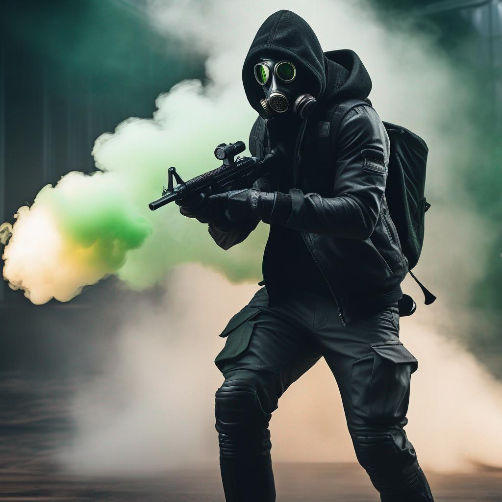 Male agent with a gas mask, black and grey cyberpunk...