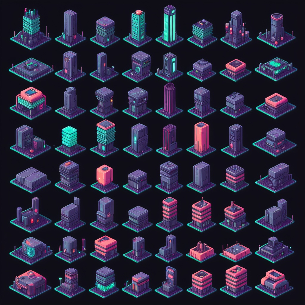 cyberpunk buildings, pixel art, 16x16 tileset