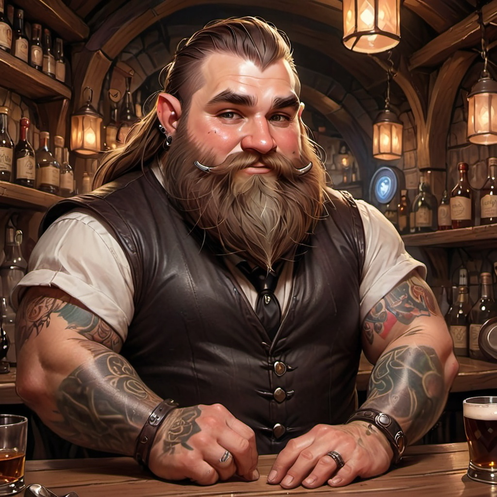 DnD dwarf male bartender with tattoos, in a DnD art...
