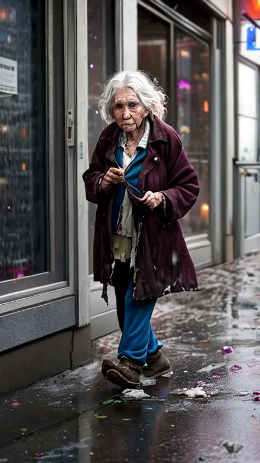 A dirty disheveled elderly woman in filthy clothes w...