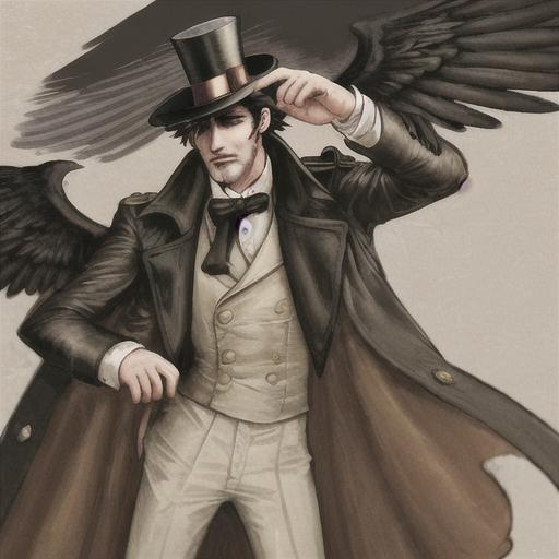 Man with a falcon head with wings wearing a top hat...