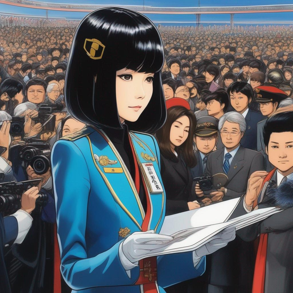 A japanese female politician. She wears an elegant s...