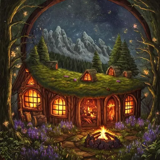 witch's hut, dark summer forest at night, magic, fan... | OpenArt