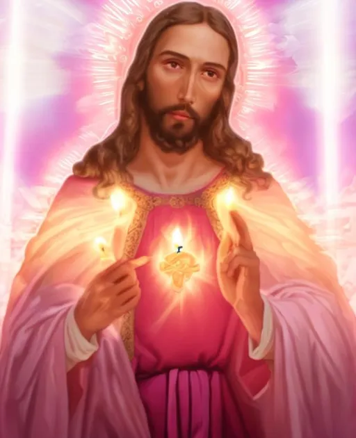 Jesus Christ in a pink robe around tall pink candles...