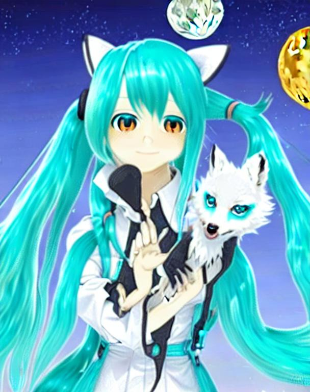 Hatsune Miku holding a fox on the moon | OpenArt