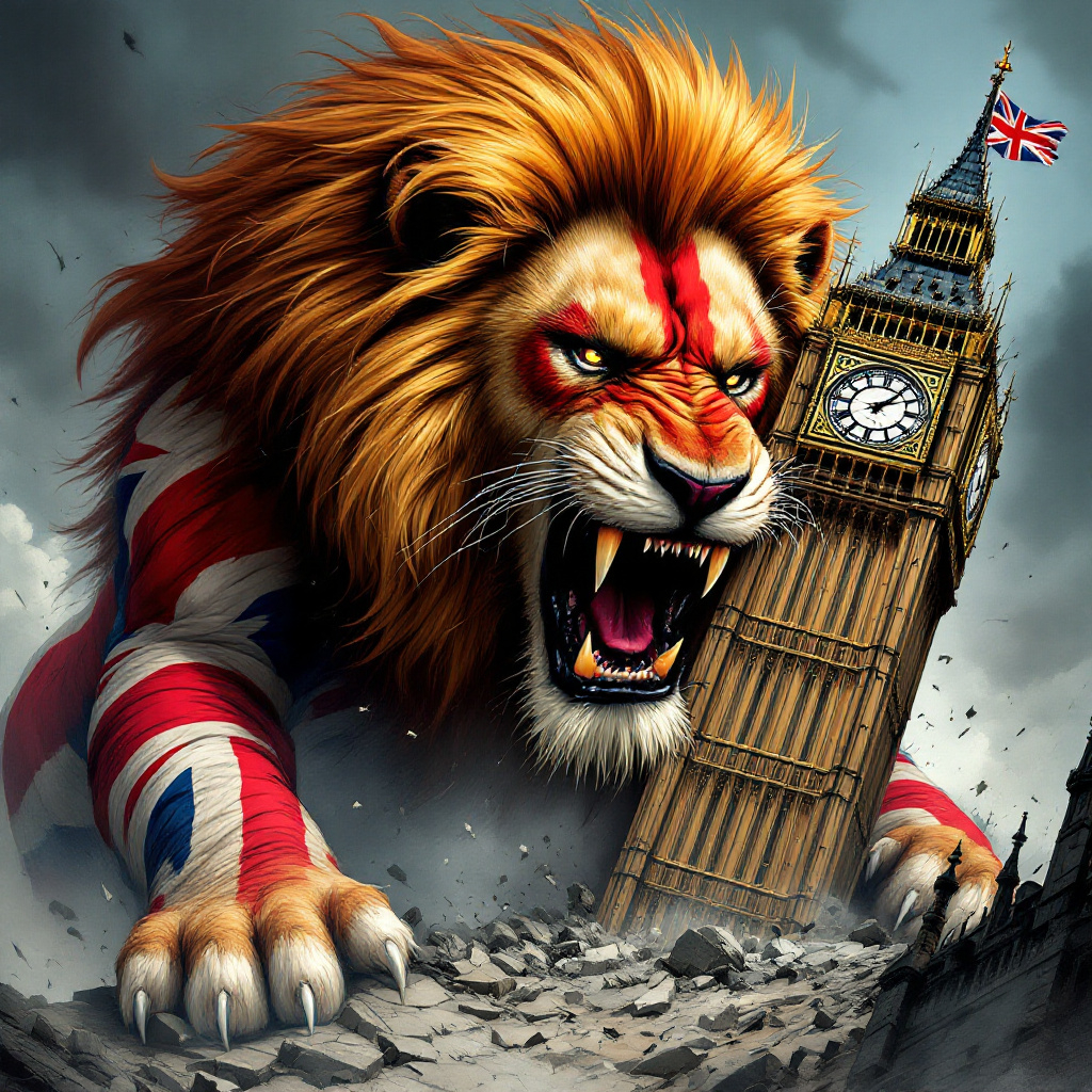 A giant lion, in the colours of the British flag,bit...
