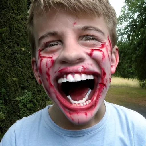 teeth blood creepy scary cry smile lots of blood | OpenArt