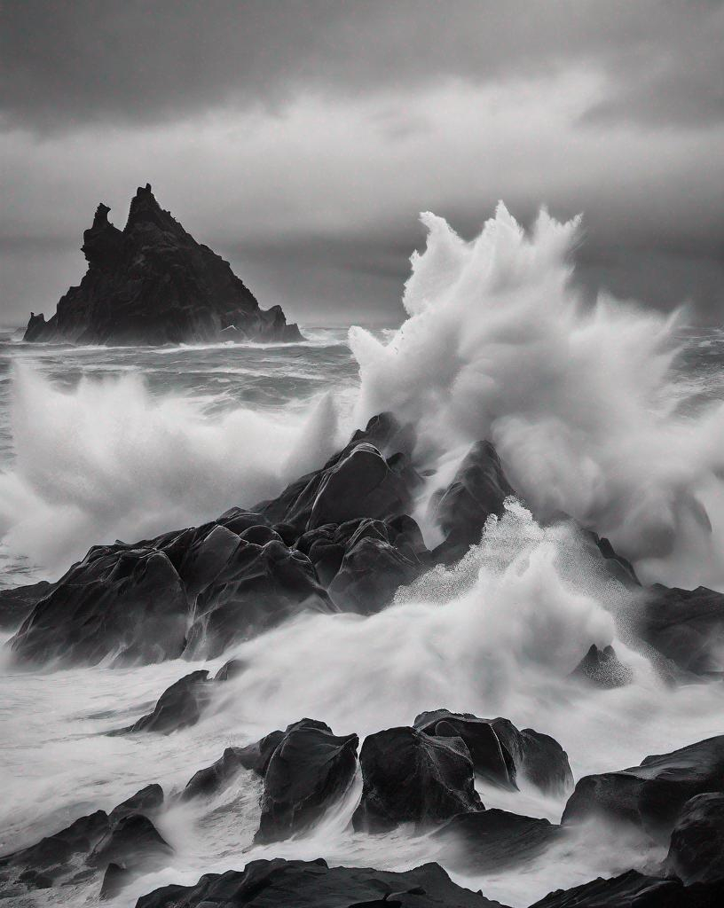 Massive storm waves violently crashing against black... | OpenArt