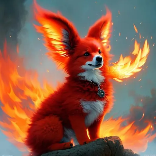 Cute, red, fluffy, fire puppy, possessing the elemen...