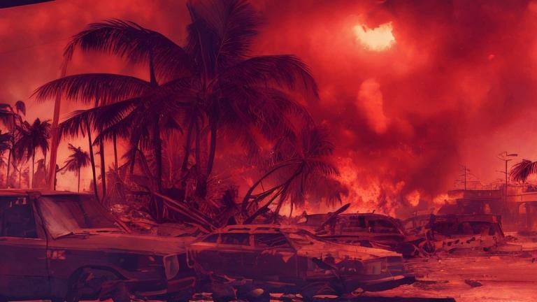 The Nuclear Destruction of Miami Trees swaying viole... | OpenArt