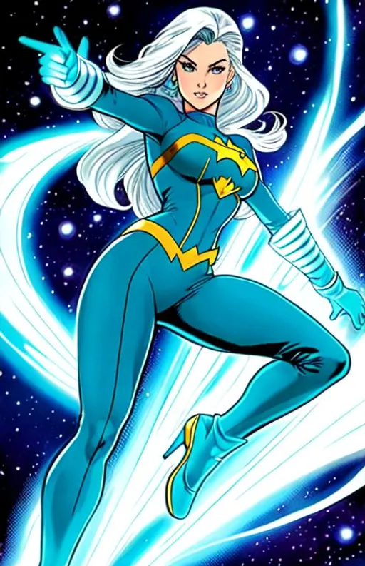 John Romita jr. style female superhero, turqoise sui...