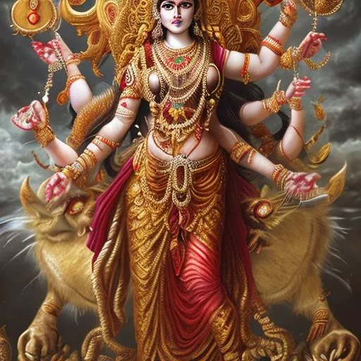 anthropomorphic goddess durga with many arms, portra...