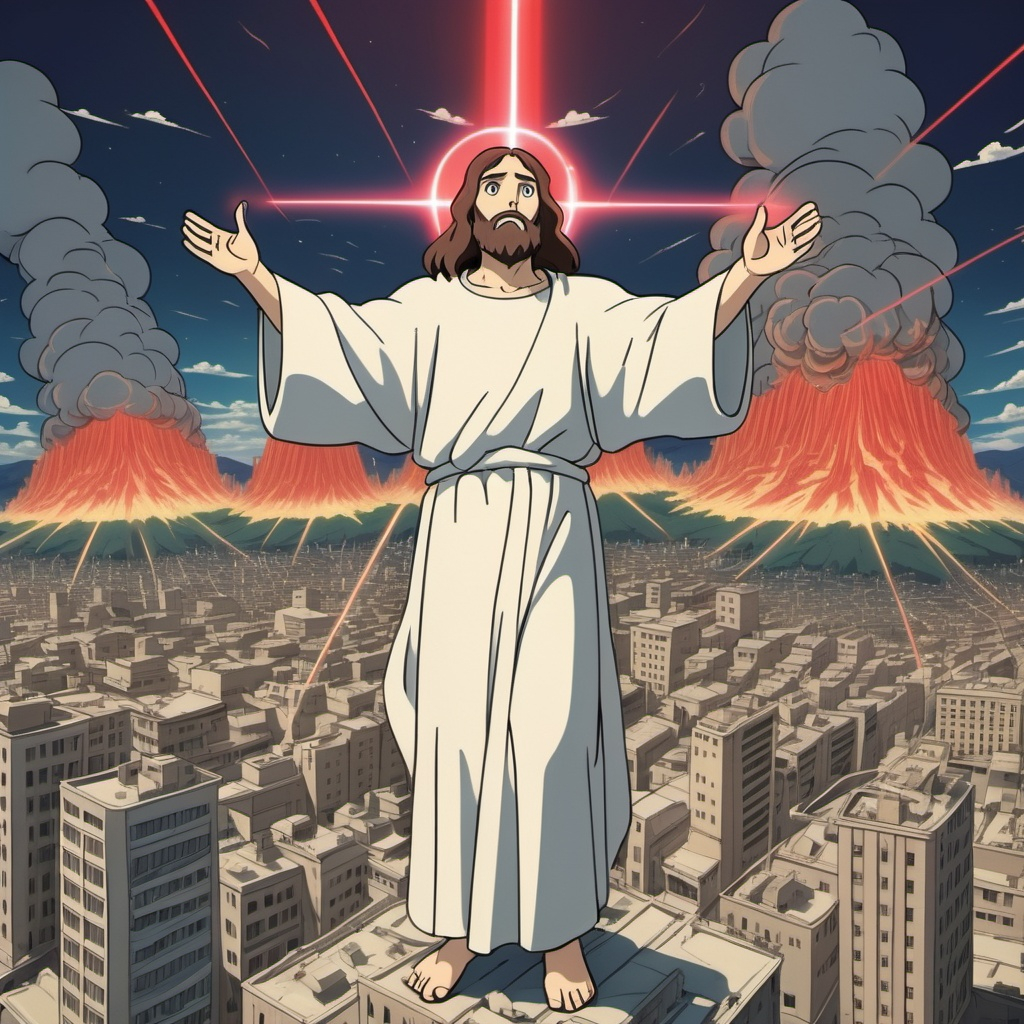 Ghibli 2D anime style. 900 ft tall Jesus destroying...