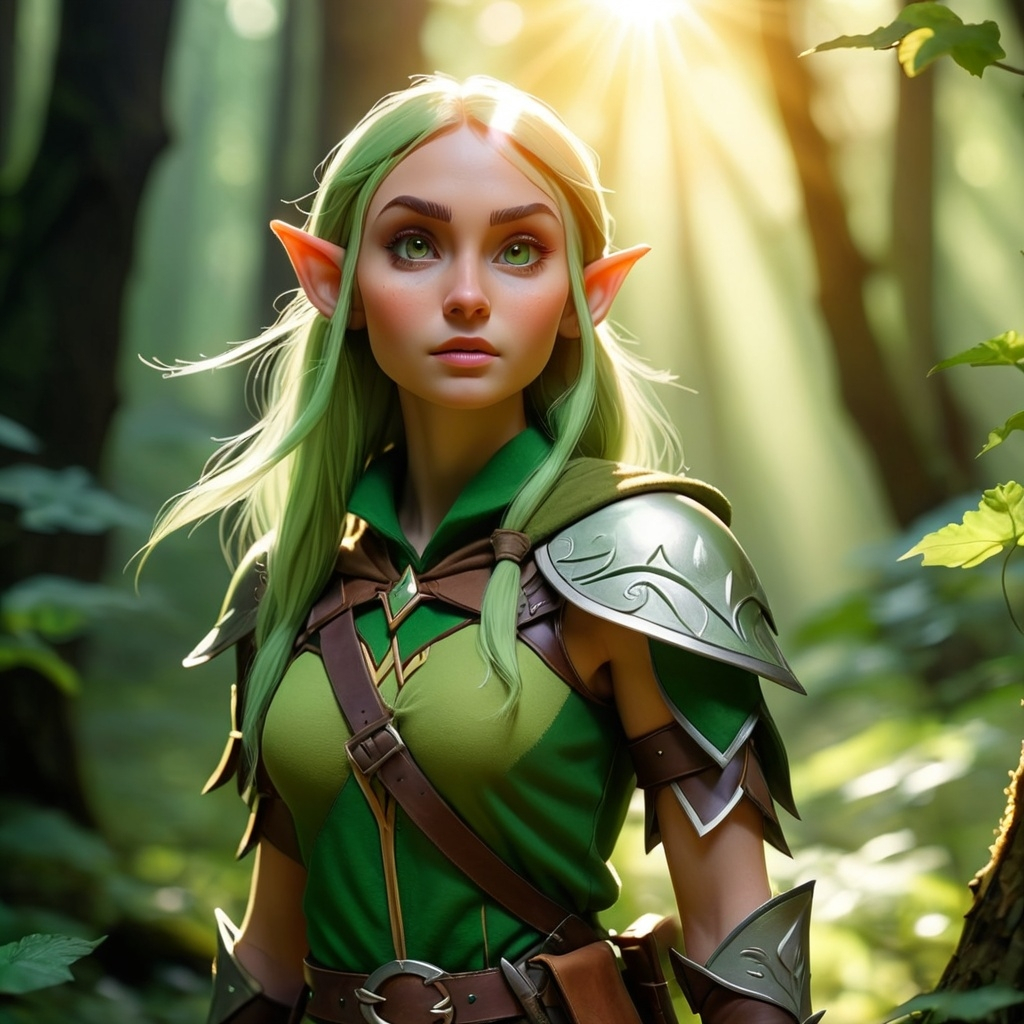 Elf ranger in a mystical forest around sunlight