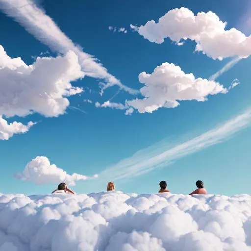 People floating on beds of fluffy white clouds talki...