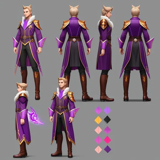 Multiple angles of a wizard wearing purple outfit, c...