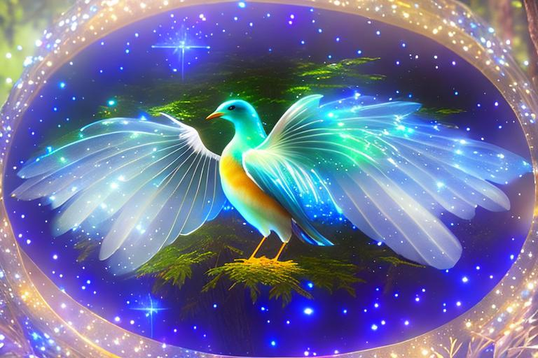 A fantasy translucent magical bird that is glowing,...
