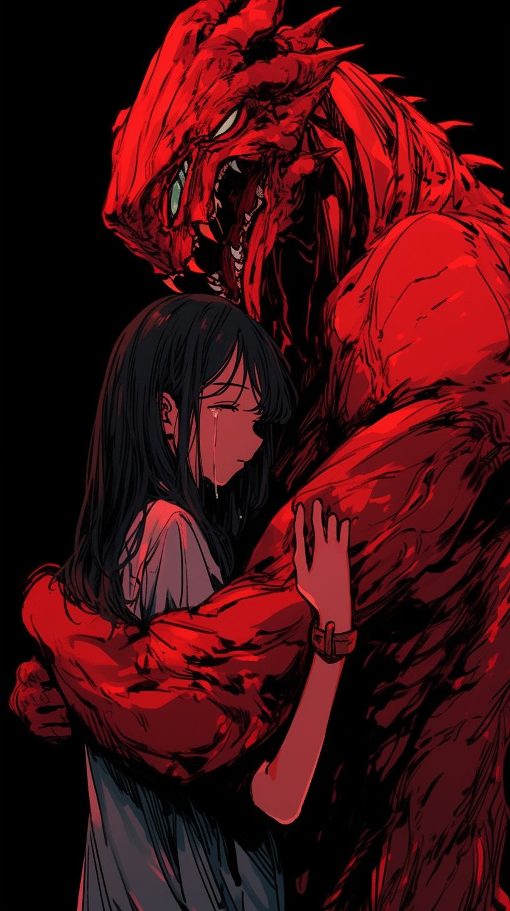 red girl hugging monster, black background