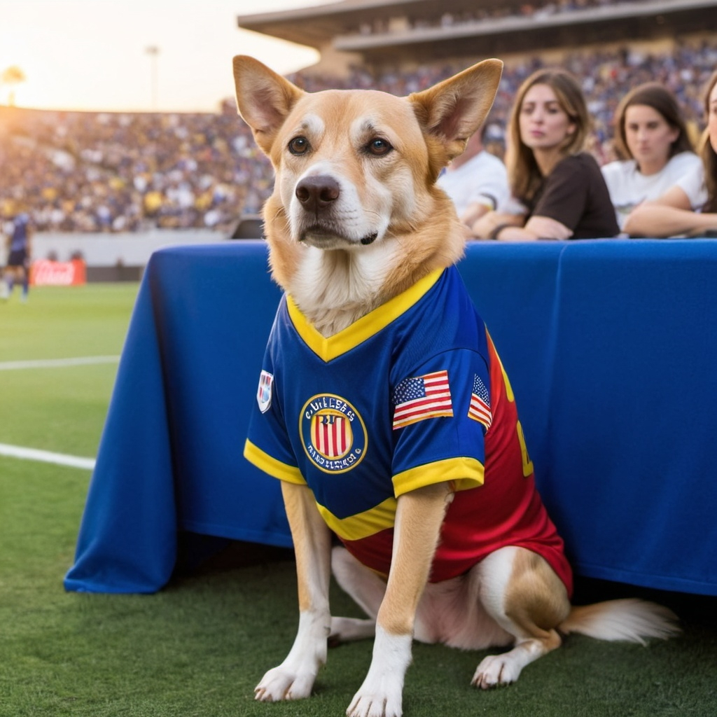 A chief dog watching soccer in a Los Angeles jersey