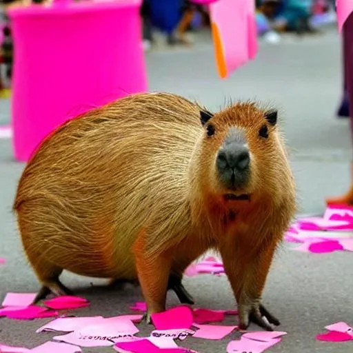 capybara with a pink tutu skirt on a stage with pink... | OpenArt