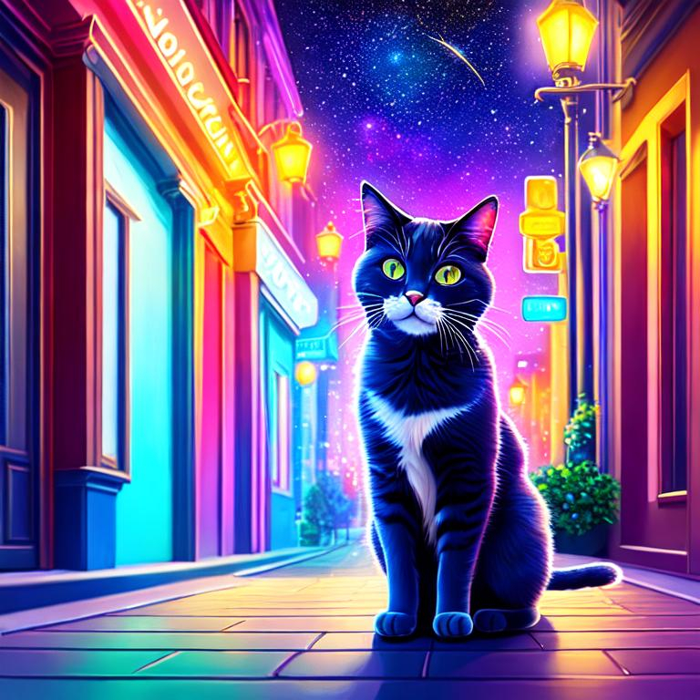 a pixar style painting of a cat, city street backgro... | OpenArt