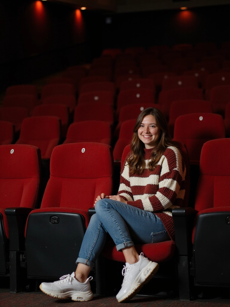 In a dimly lit theater, a young woman sits comfortab...