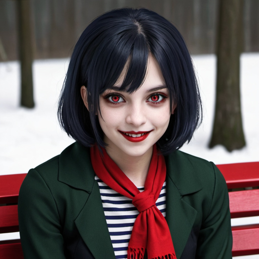 A vampire girl that looks happy but nostalgic. She h...