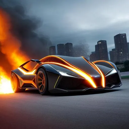 Futuristic Batmobile on fire maximum speed through s... | OpenArt