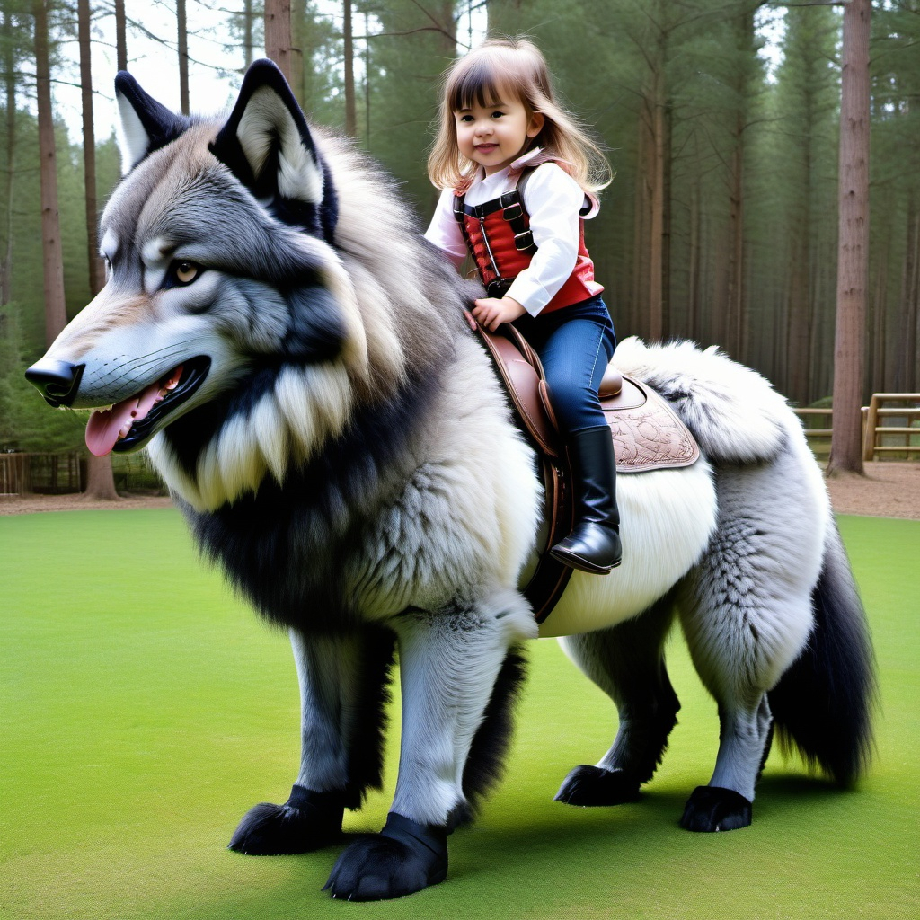 small girl mounted atop her giant riding wolf, ridin...