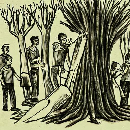 drawing of humans cutting trees | OpenArt