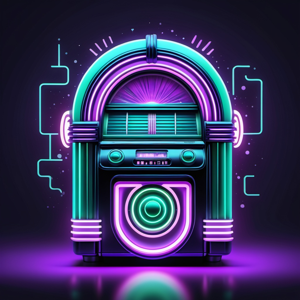 an icon of a futuristic neon quantum juke-box with p...