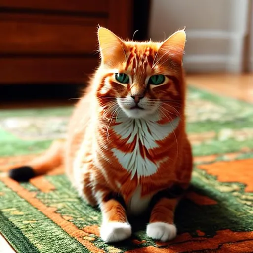 A cat sitting on a rug. cute orange cat on a green rug