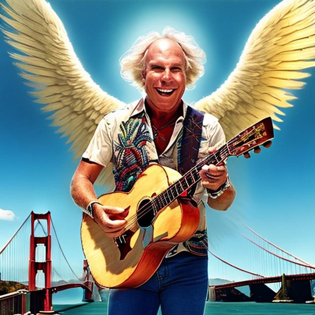 Jimmy Buffett with angel wings Golden Gate Bridge...