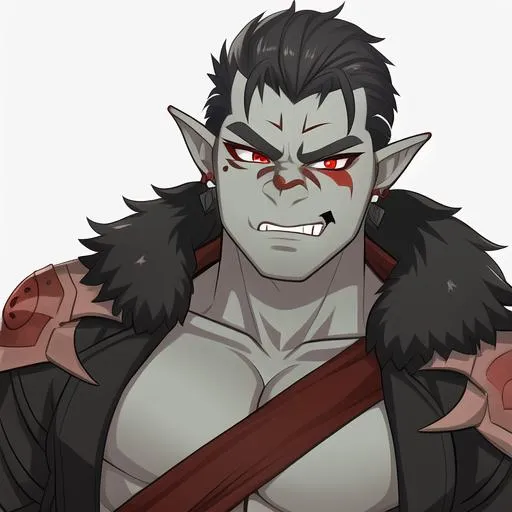a gray half-orc with red eyes