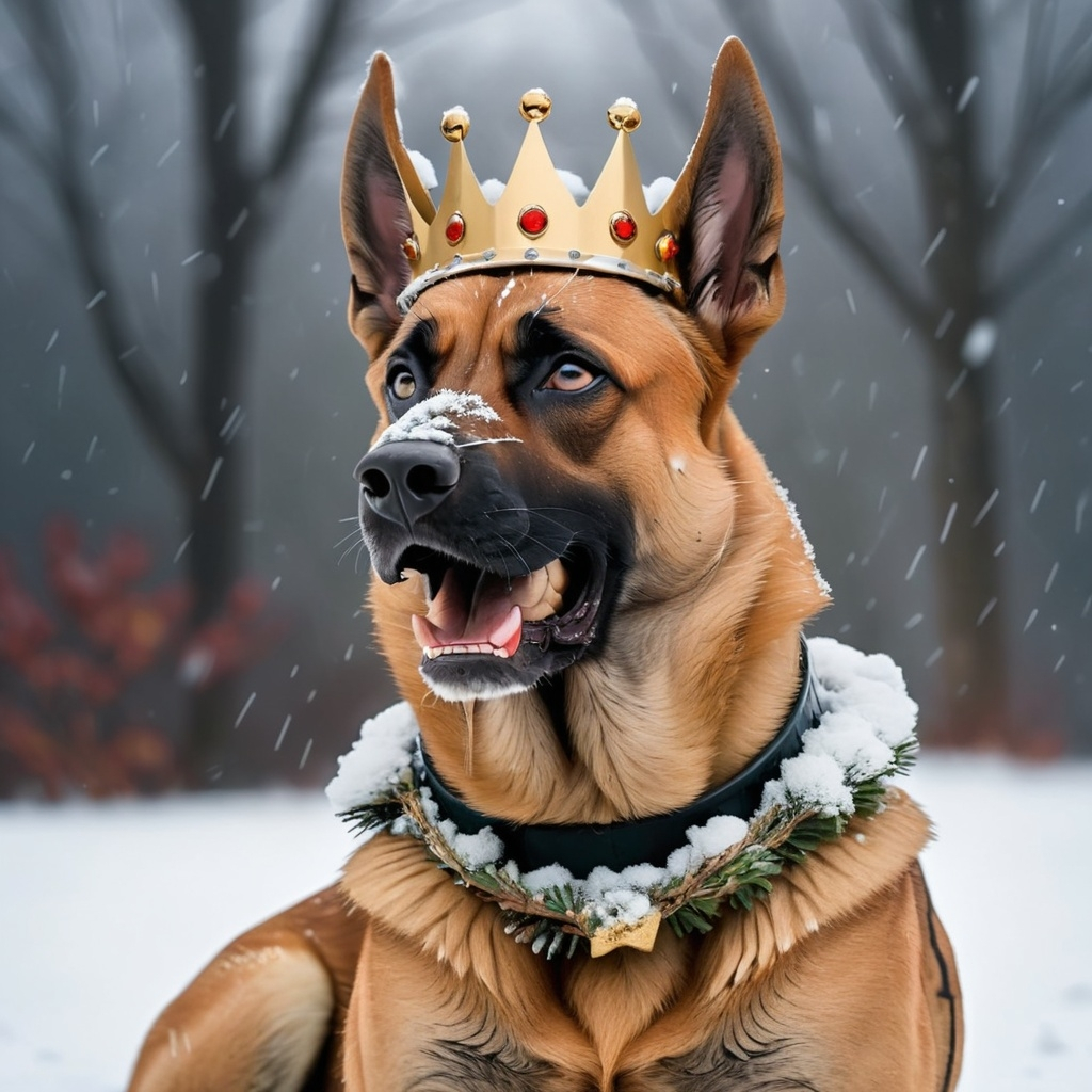 Muscular Belgian malinois king wearing crown in a wi...