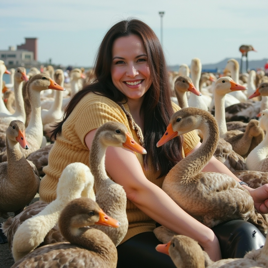 She is surrounded by dozens of ducks. Some are even...
