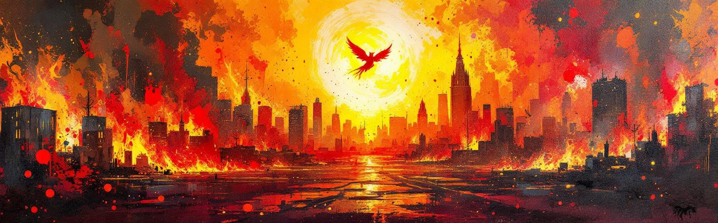 Graffiti, splatter painting of a burning city destro...